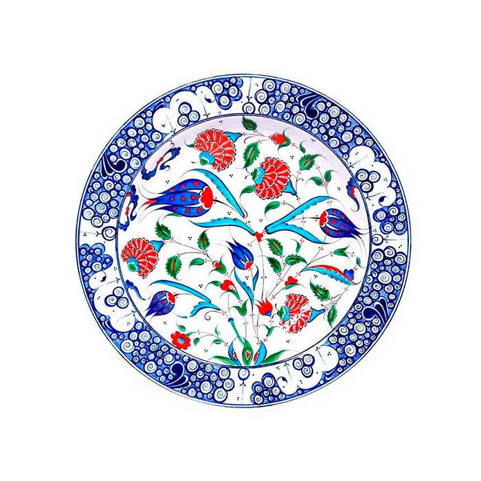 Iznik Plate with Tulip and Rose Stylizations - İznik Çini